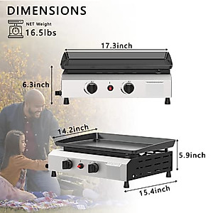 SKOK 2 Burner Gas Griddle- 17 Inch Outdoor Propane Griddle- 20000 BTU Propane Fuelled, Portable Flat Top Gas Grill Camping Griddle Station with Side Shelves for Kitchen, Outdoor BBQ, Camping Tailgating or Picnicking (Only Gas Griddle)