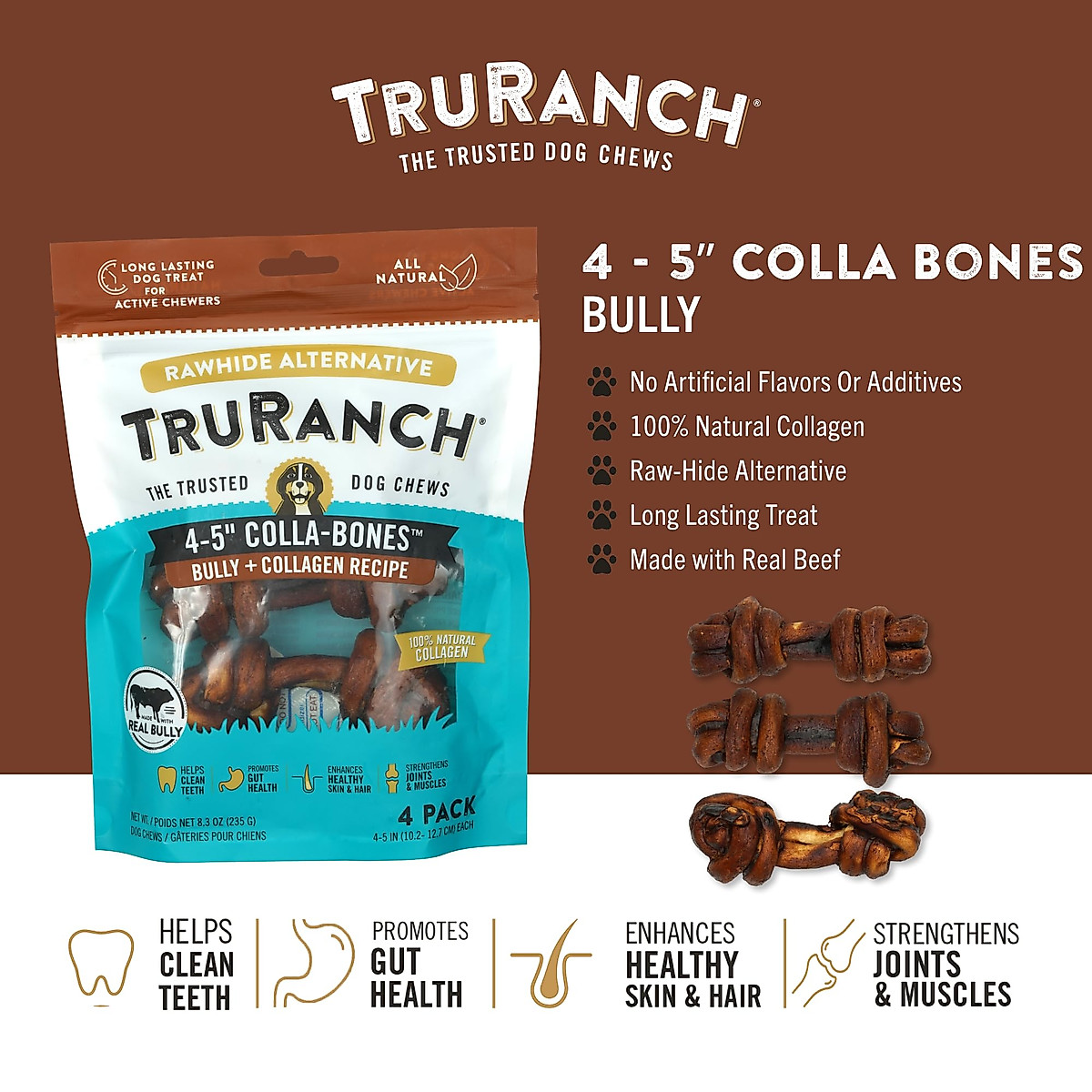 TRURANCH 4-5" Collagen Bones, Bully, Healthy Joint Support Dog Treat, Rawhide Alternative, Skin & Coat Health, 1 Bag, 4 Count
