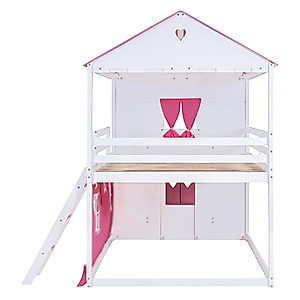 Merax Full Over Full Bunk Wood House Bed with Elegant Windows, Sills and Tent, Pink+White