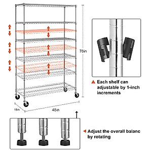 6-Tier Wire Shelving Unit 6000lb Capacity NSF Heavy Duty Steel Height Adjustable Storage Shelves with Wheels, 18" L x 48" W x 76" H Metal Shelf - Chrome