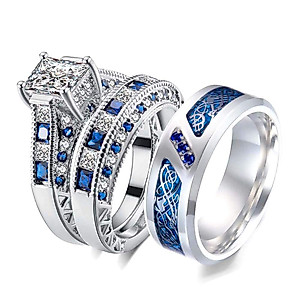 LOVERSRING 3pc Two Rings His and Hers Couple Rings Bridal Sets His Hers Women White Gold Plated Blue Sapphire Cz Man Stainless steel Wedding Ring Band Set