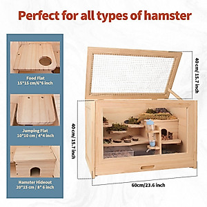 Wooden Hamster Cage and Hideout (23.6" L x 15.7" W x 15.7" H) for Small Animal, Syrian Hamster, Guinea Pig, Gerbil, 2-Tiers with Shelf and Ladder, Waterproof Pull-Out Tray, Natural Wood