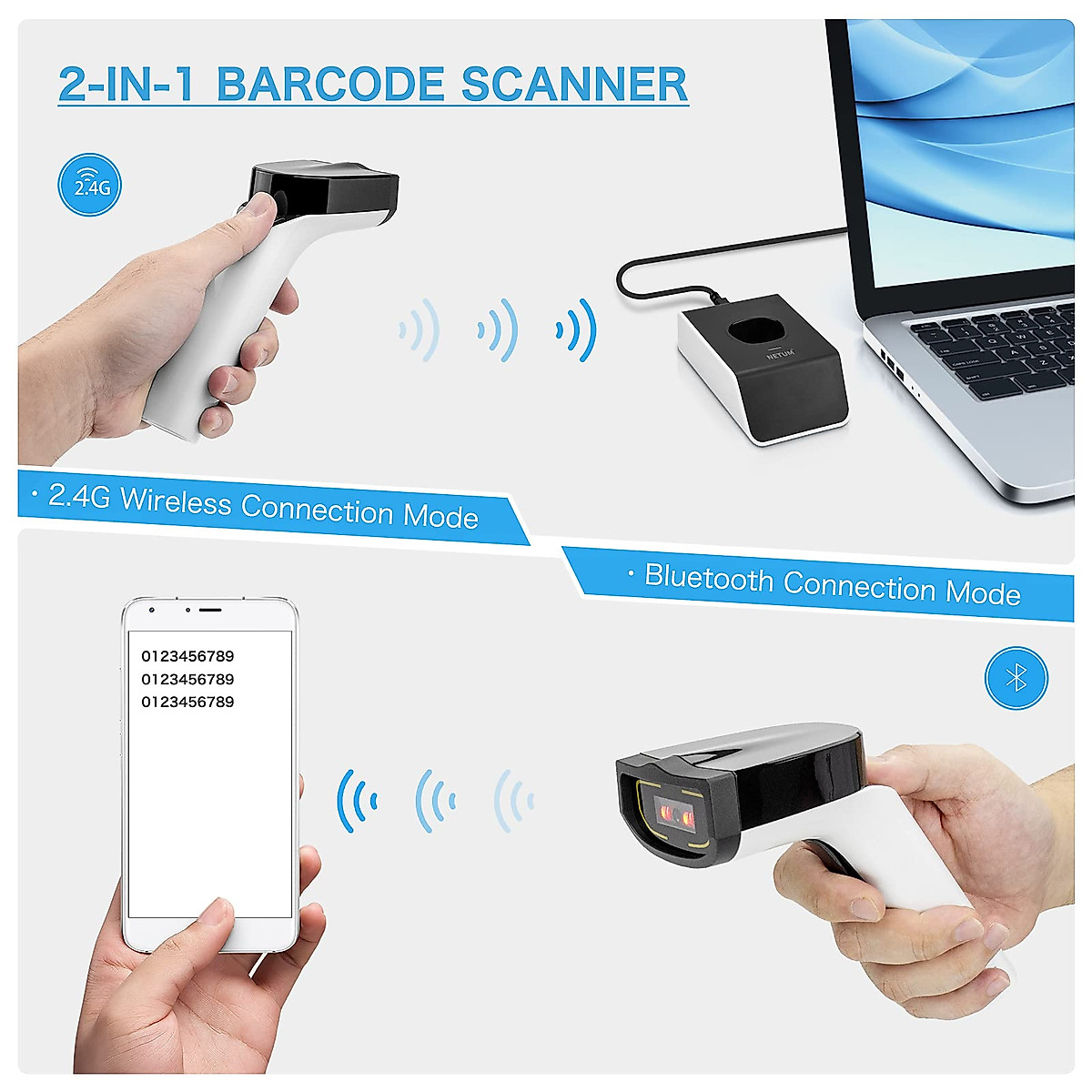 NETUM Fashionable Bluetooth Wireless 1D Barcode Scanner, Hands Free CCD Barcode Reader with Stand and Built-in Memory, Works with MAC OS, Windows, iOS, Android -DS5000