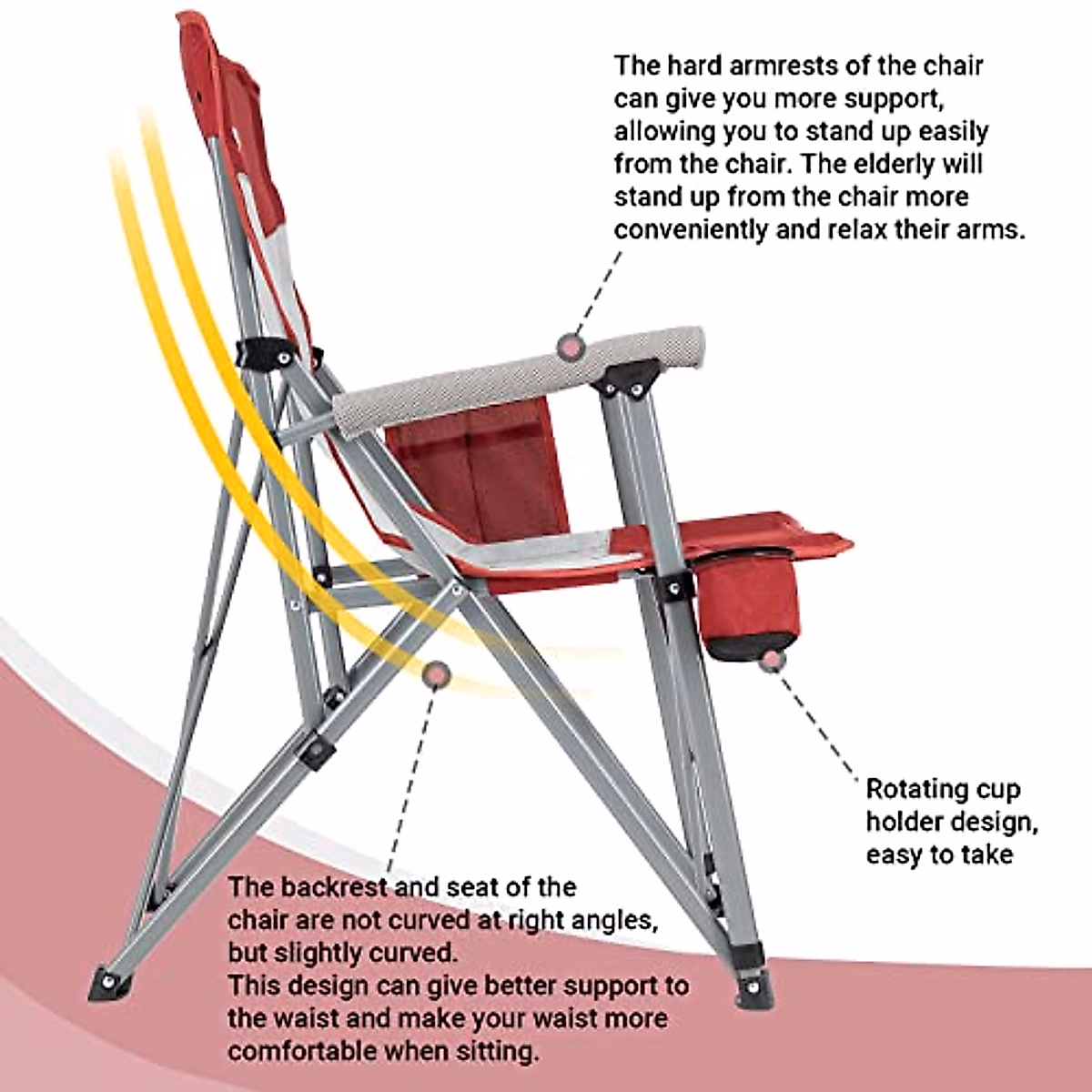 KingCamp Portable Support 300LBS Heavy Duty Folding Camp Chair for Lawn Outdoor Sports Indoor Travel, Oversize, Red&Gray