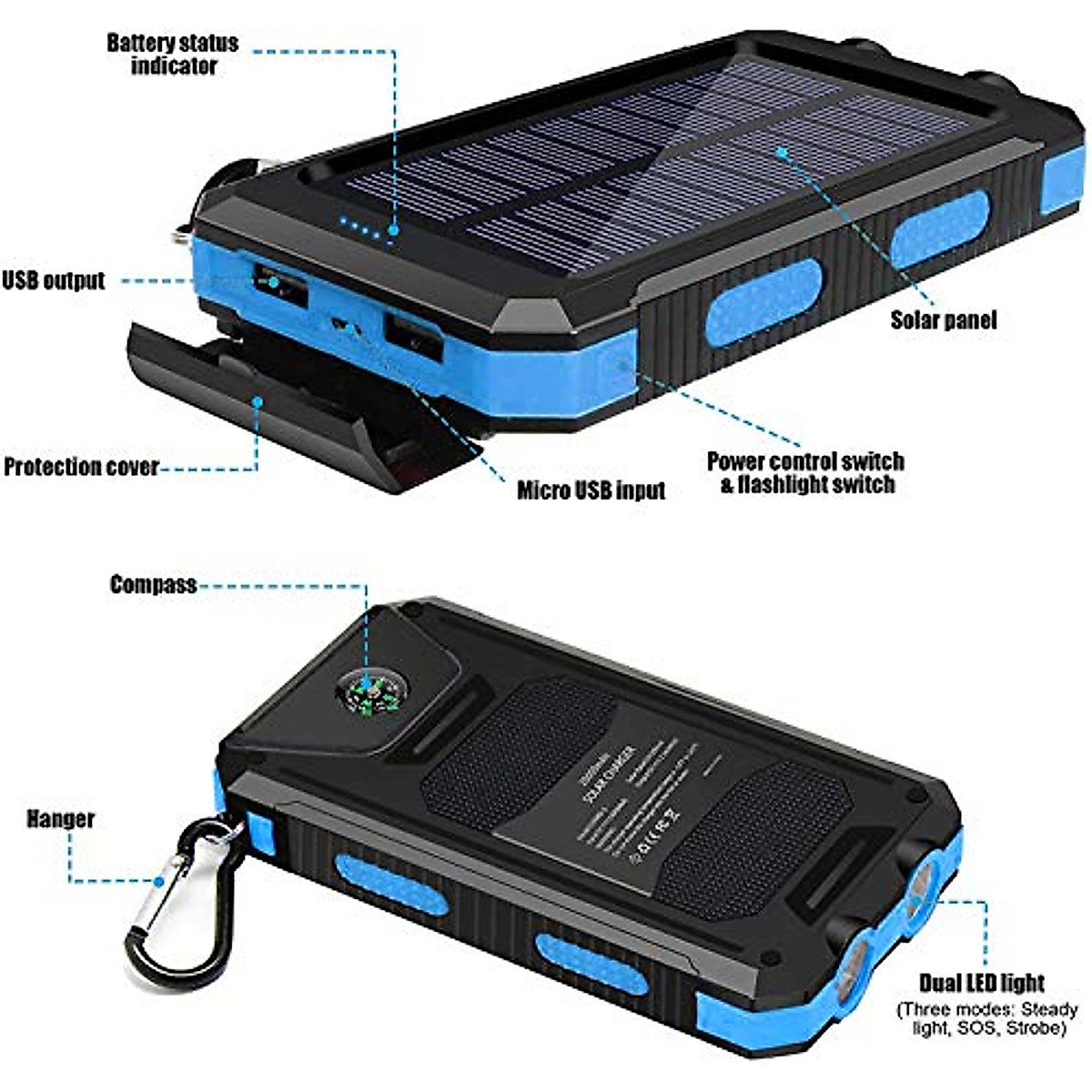 Solar Charger,20000mAh Portable Solar Power Bank,Waterproof External Backup Battery Power Pack Charger with 2 USB/LED Flashlights Compatible with iPhone,Tablet,Android,Suitable for Outdoor Camping