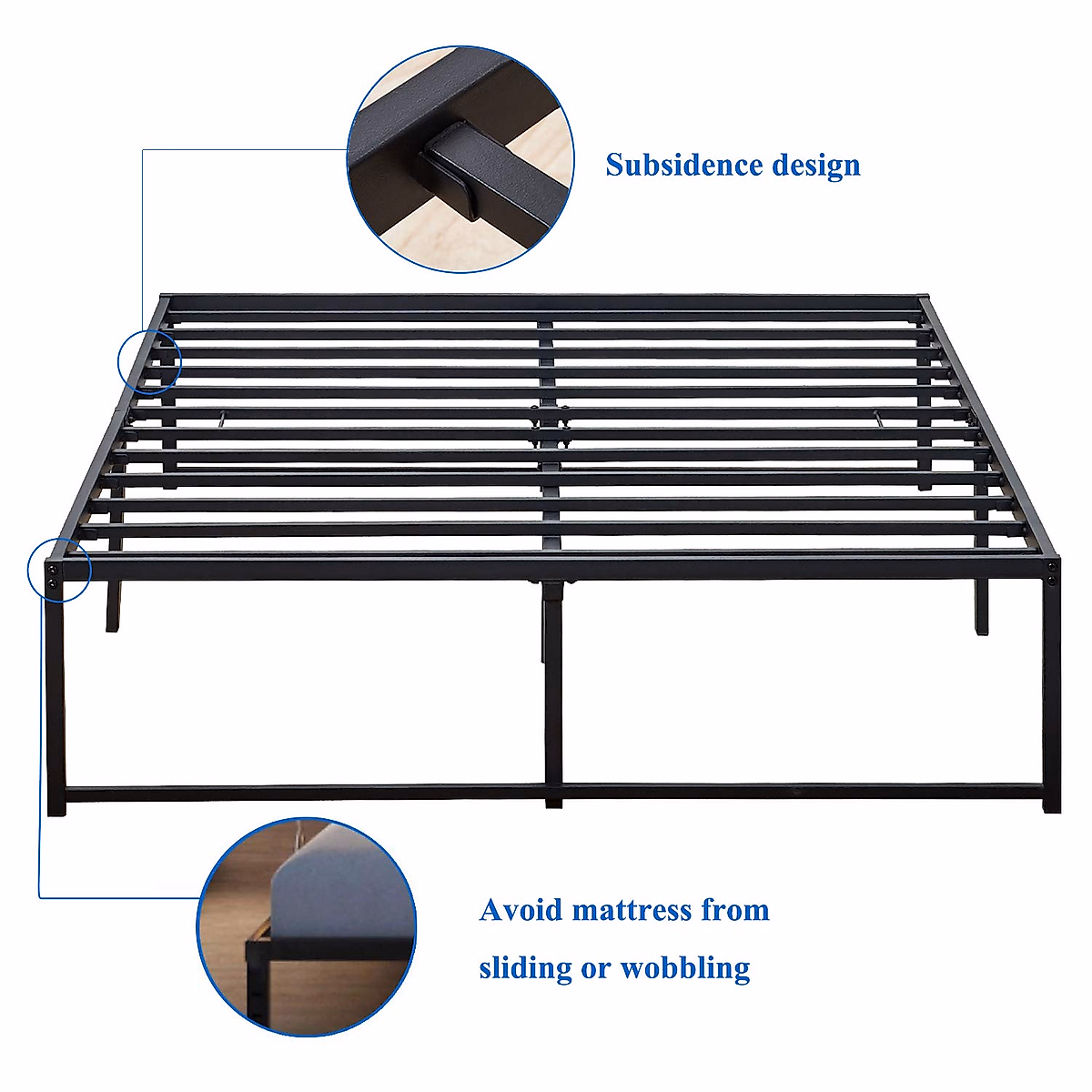 VECELO 14 Inch Bed Frame/No Box Spring Needed/Mattress Foundation/Steel Slat Support Black (Full), Metal Platform A