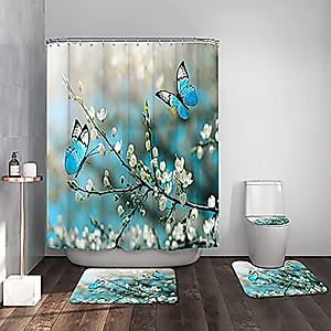 4 Piece Set Butterfly Shower Curtain Turquoise Animal Bathroom Decor Teal Butterflies on Flower Tree Branch Polyester Fabric Bathtub Sets with Toilet Lid Cover Anti-Slip Mat Shower Rugs