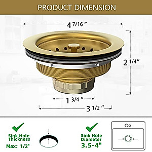 EXAKEY Kitchen Sink Drain Assembly Gold Sink Drain Strainer with Fixed Post 3-1/2 Inch Kitchen Drain with Strainer Basket and Drain Stopper for Standard Kitchen Sink Stainless Steel Brushed Gold