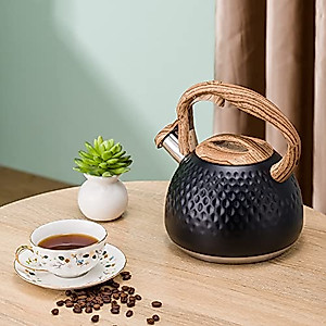 Tea Kettle, Black Stovetop Teapot, 2.7 Quart, Loud Whistle, Food Grade Stainless Steel and Smooth Wood Pattern Handle, Sophisticated Look for Hiking, Picnic, for Tea, Coffee, Milk
