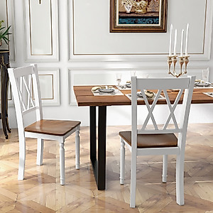 Giantex Dining Room Chairs Set of 4 White - Wooden Farmhouse Kitchen Chairs with Rubber Wood Seat, Acacia Wood Legs, Max Load 360 Lbs, Heavy Duty Wood Armless Dining Chairs with High Back