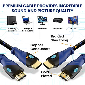 AURUM CABLES 20ft HDMI Cable 4K@60Hz Ultra HD, High Speed with Ethernet HDMI Cable Braided Nylon & Gold Connectors, ARC, CL3 Rated - Compatible with TV, PC, Monitor, Laptops, PS3, PS5, PS4