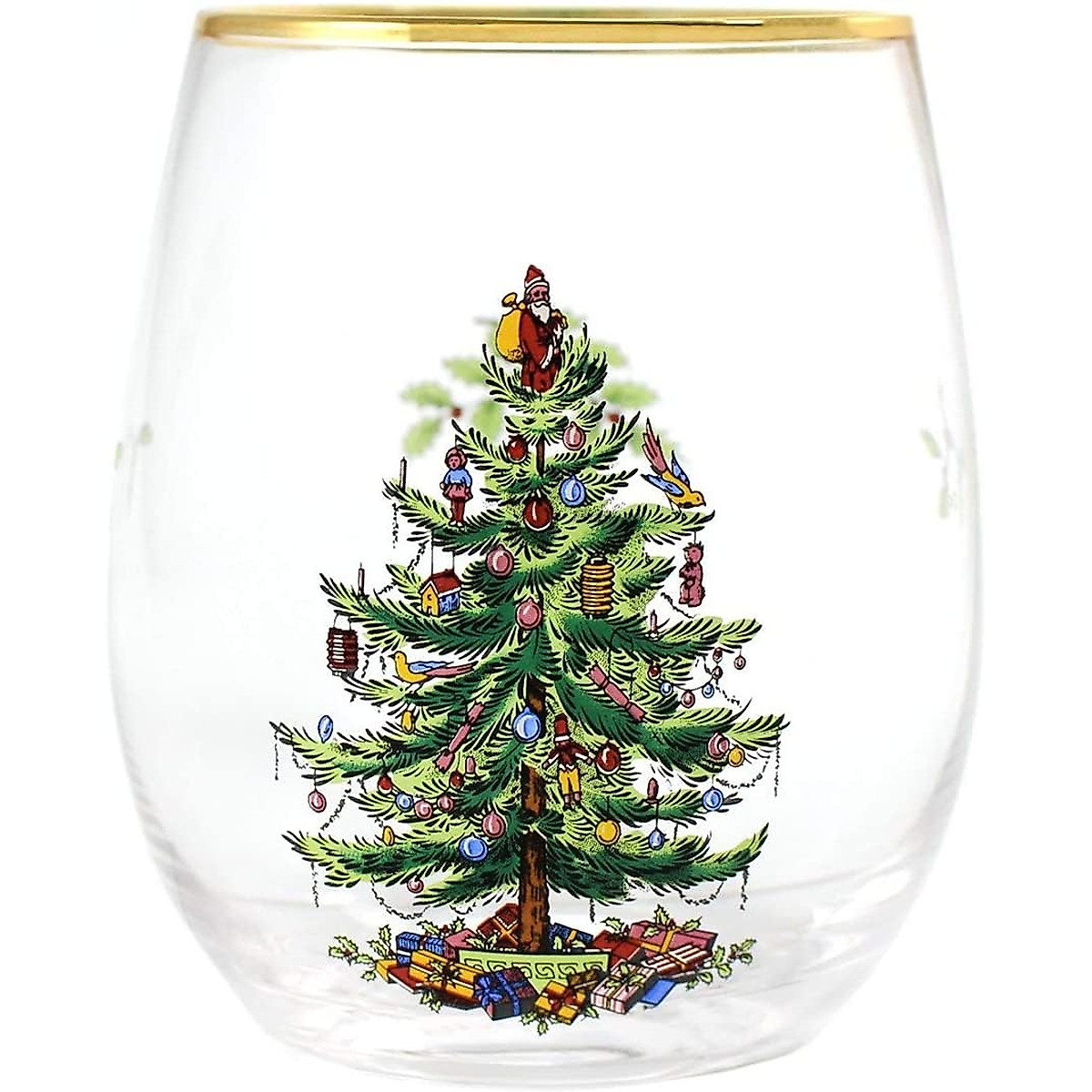 Spode Christmas Tree Glassware - Set of 4 -Made of Glass – Gold Rim- Classic Drinkware - Gift for Christmas, Holidays, or Wedding - Drinking Glasses (Stemless Wine Glasses)
