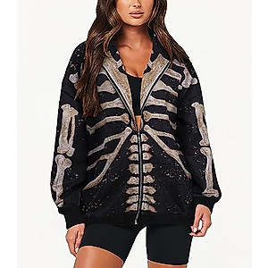 ASTANFY Skeleton Oversized Zip Up Hoodie Women Halloween Skull Sweashirt Y2k Skull Sweashirt Fall Streetwears Pullover Tops