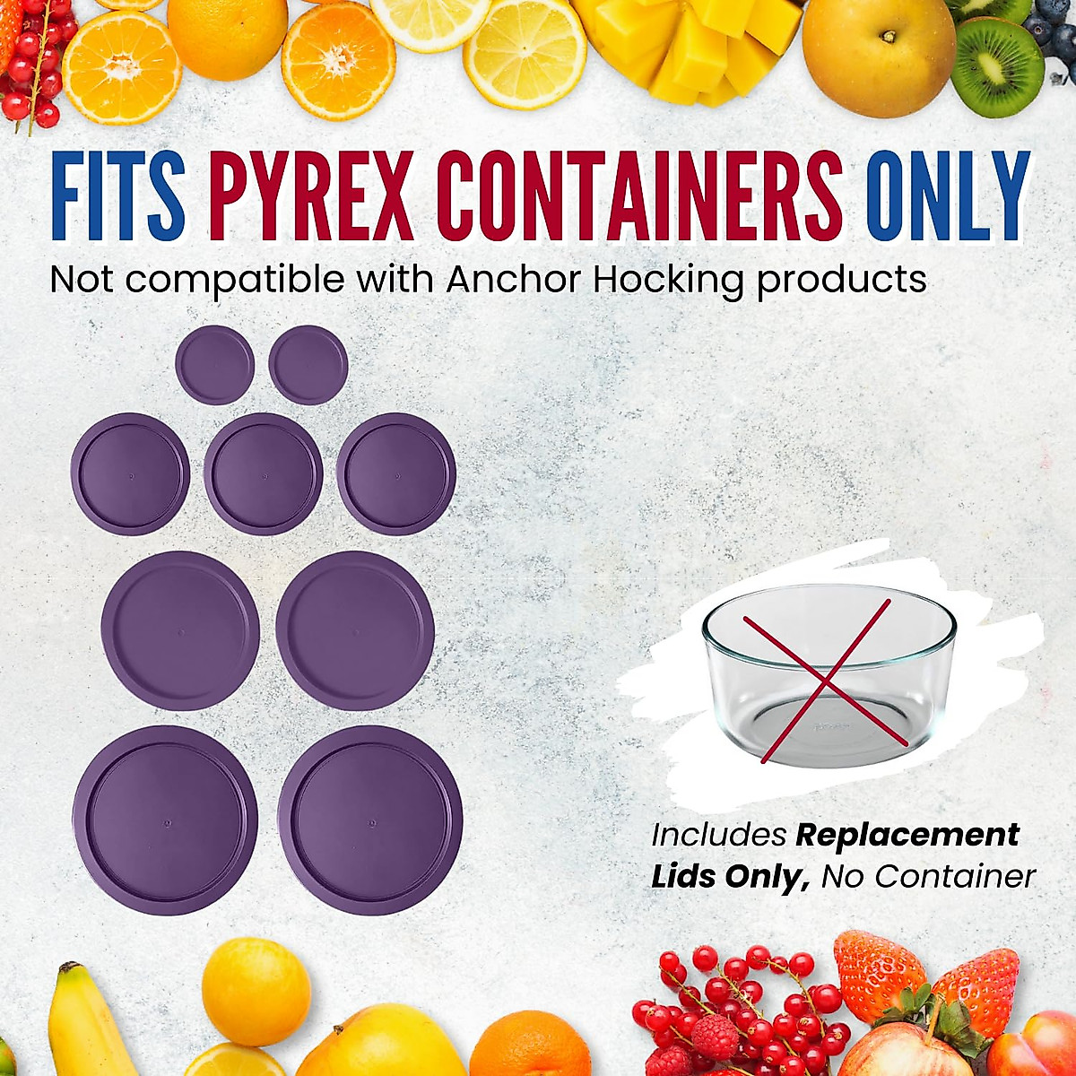 Replacement Lids for Pyrex Containers (2) 1-Cup (3) 2-Cup (2) 4-Cup (2) 7-Cup (Purple)