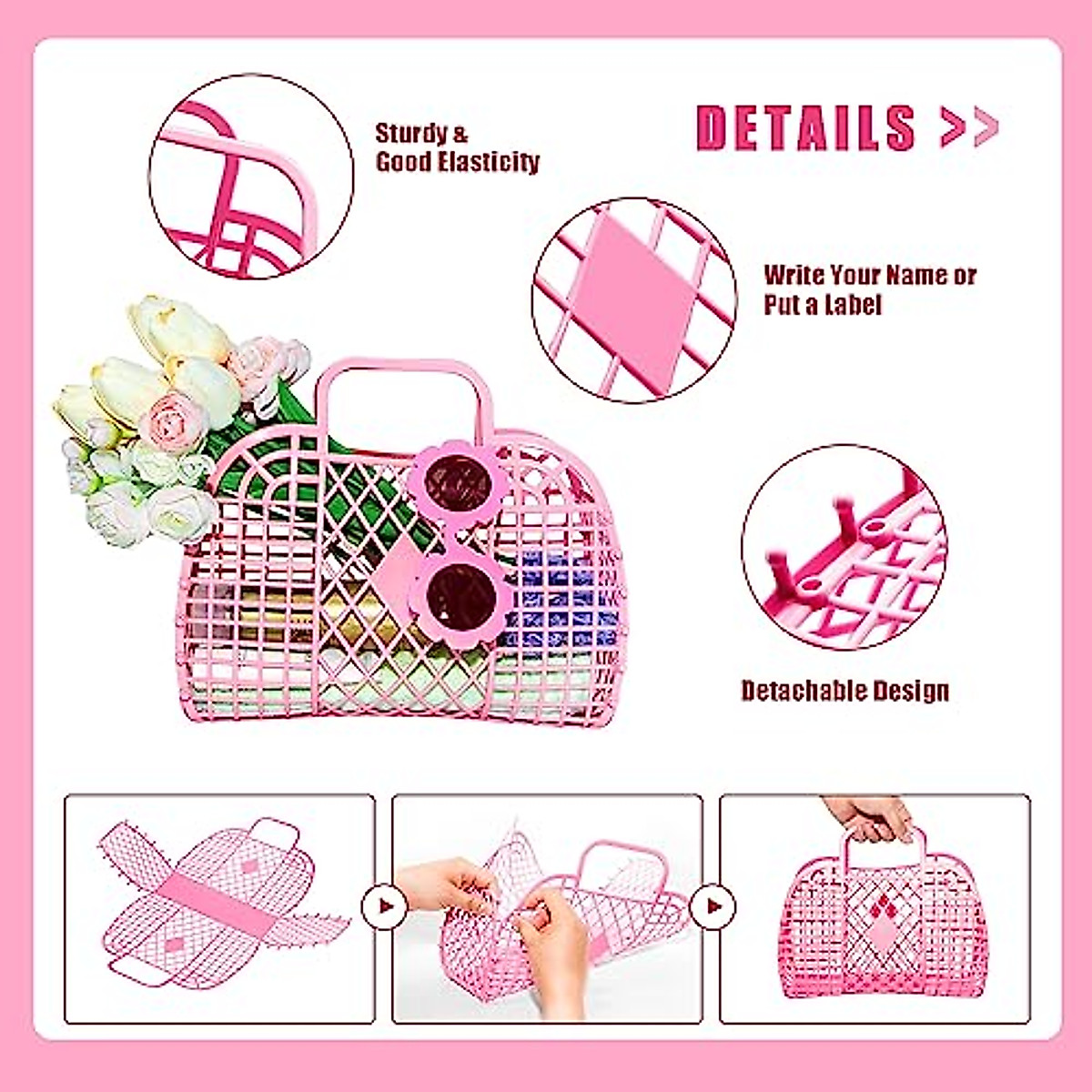 iSpralo Jelly Bag - Girls Jelly Purse Jelly Tote Girls Beach Bag with Flower Sunglasses, Retro Jelly Basket for Easter, Halloween, Bridal (Pink)