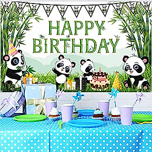 Cartoon Panda Happy Birthday Backdrop Green Bamboo Panda Theme Baby Shower Photo Background Kids Children Newborn Birthday Party Decorations Cake Table Decorations