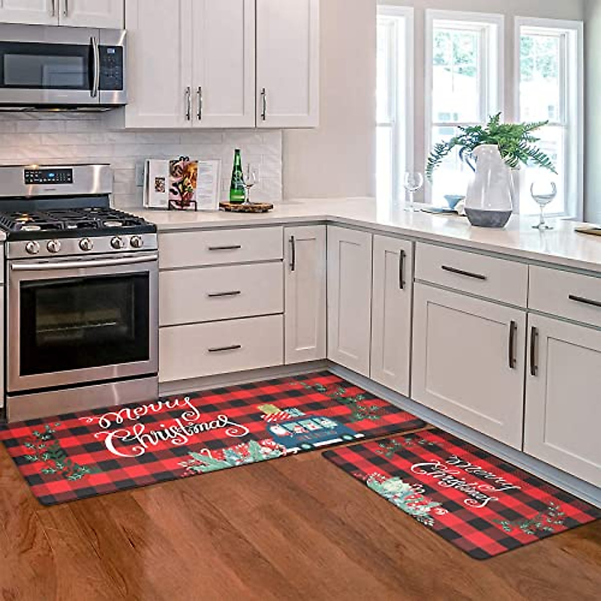 Pauwer Merry Christmas Kitchen Rugs Set of 2, Farmhouse Red Buffalo Plaid Kitchen Floor Mat, Non Slip Anti Fatigue Kitchen Mats for Floor, Cushioned Kitchen Rug Set Christmas Decorations for Home