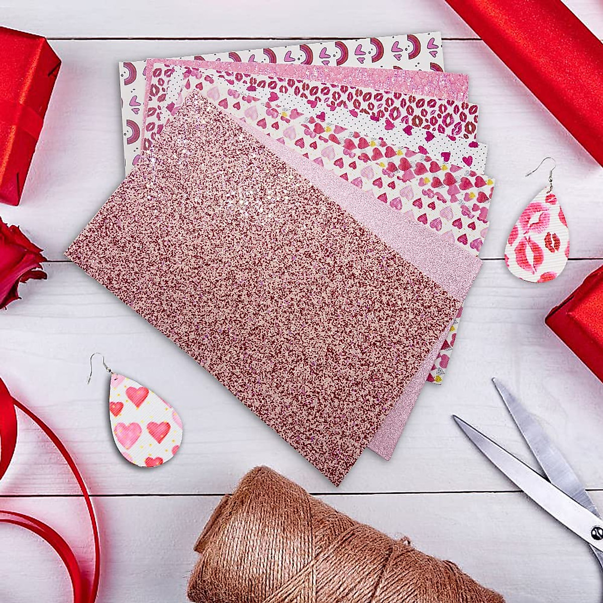Hying 8 PCS Holiday Pink Faux Leather Sheets for Crafts, 8×13 Inch Glitter Synthetic Leather Sheet Love Hearts Faux Leather Fabric Sheets for Earrings Hair Bow Keychain Valentines Wedding Decorations