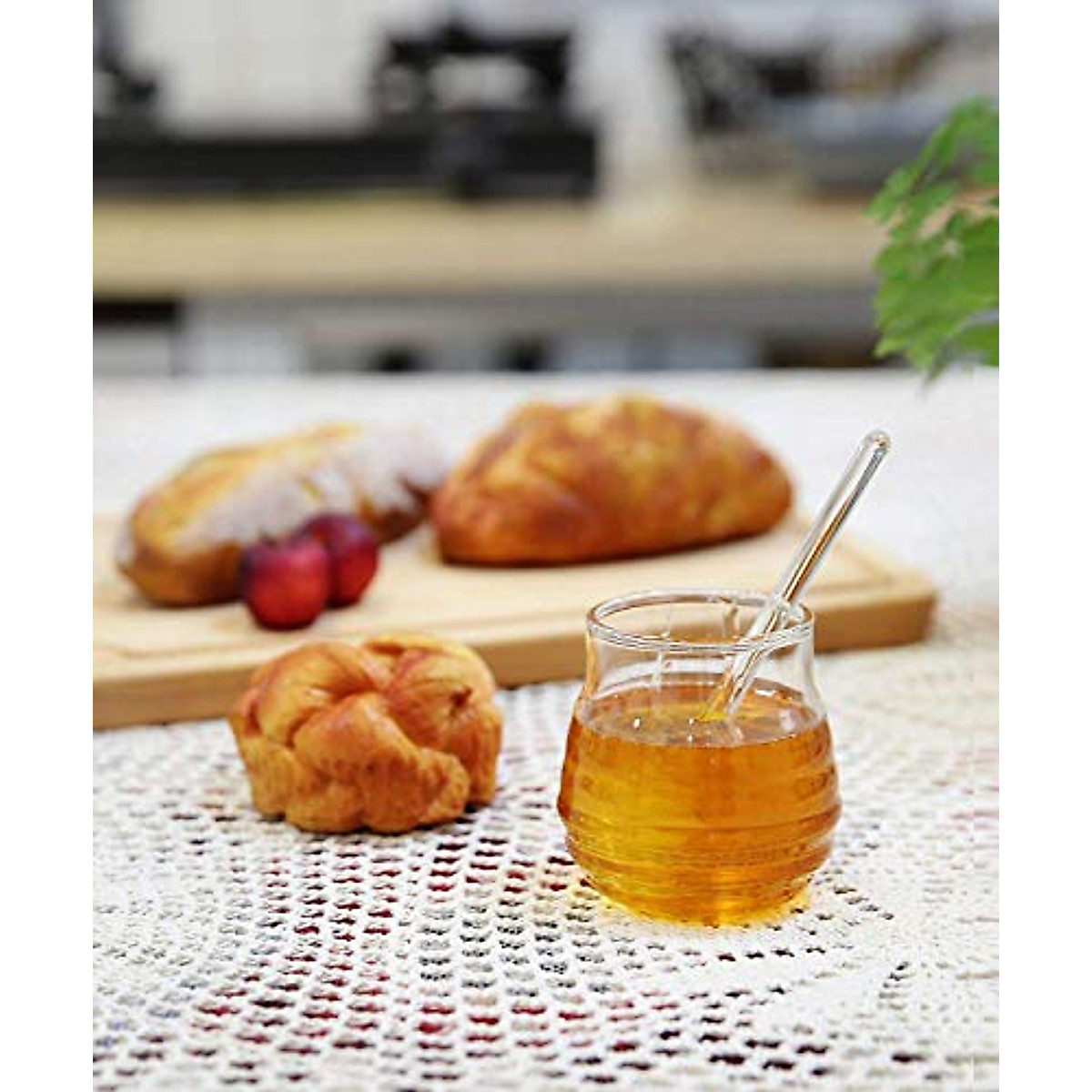 Mkono Honey Dispenser Glass Honey Jar with Dipper and Lid Honey Pot Container for Home Kitchen Storing Honey and Syrup,9 Ounce