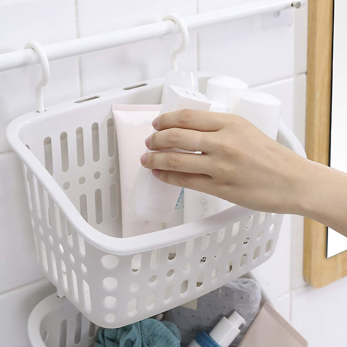 Wall Storage Bedside Storage Basket with Hook, Good Weight Capacity Storage Basket Plastic , Storage Basket for Kitchen Bathroom Store Brushes Cups Shower Gel and Sponges and More (White, Medium)