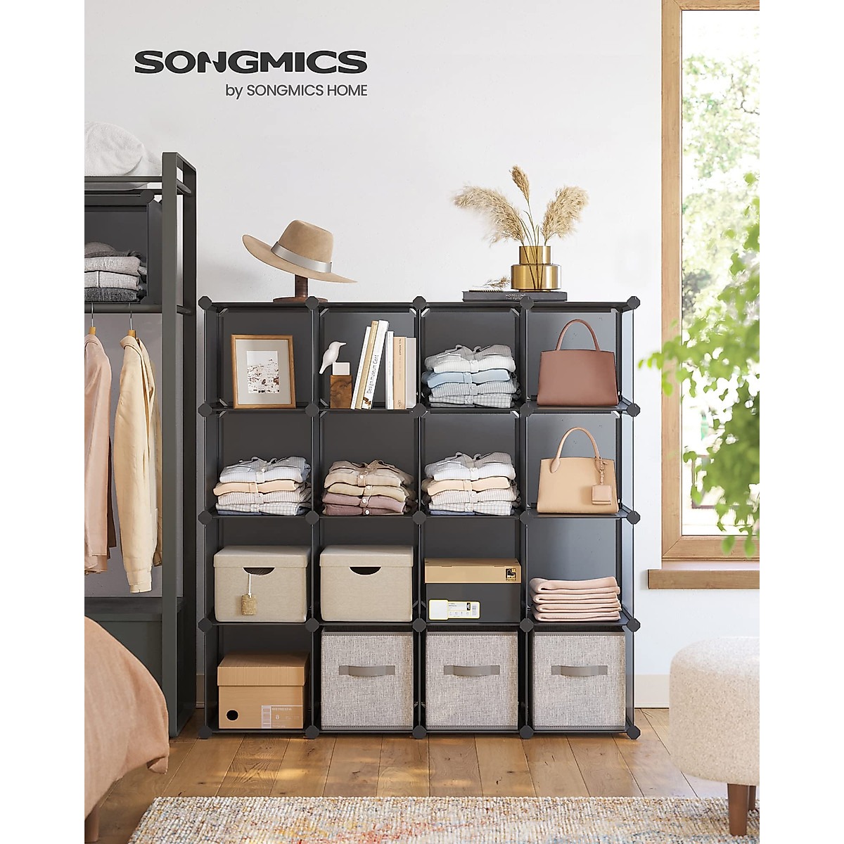 SONGMICS Cube Storage Organizer, Set of 16 Plastic Cubes, Book Shelf, Closet Organizers and Storage, Room Organization, Bedroom Living Room, 12.2 x 48.4 x 48.4 Inches, Gray ULPC442G01
