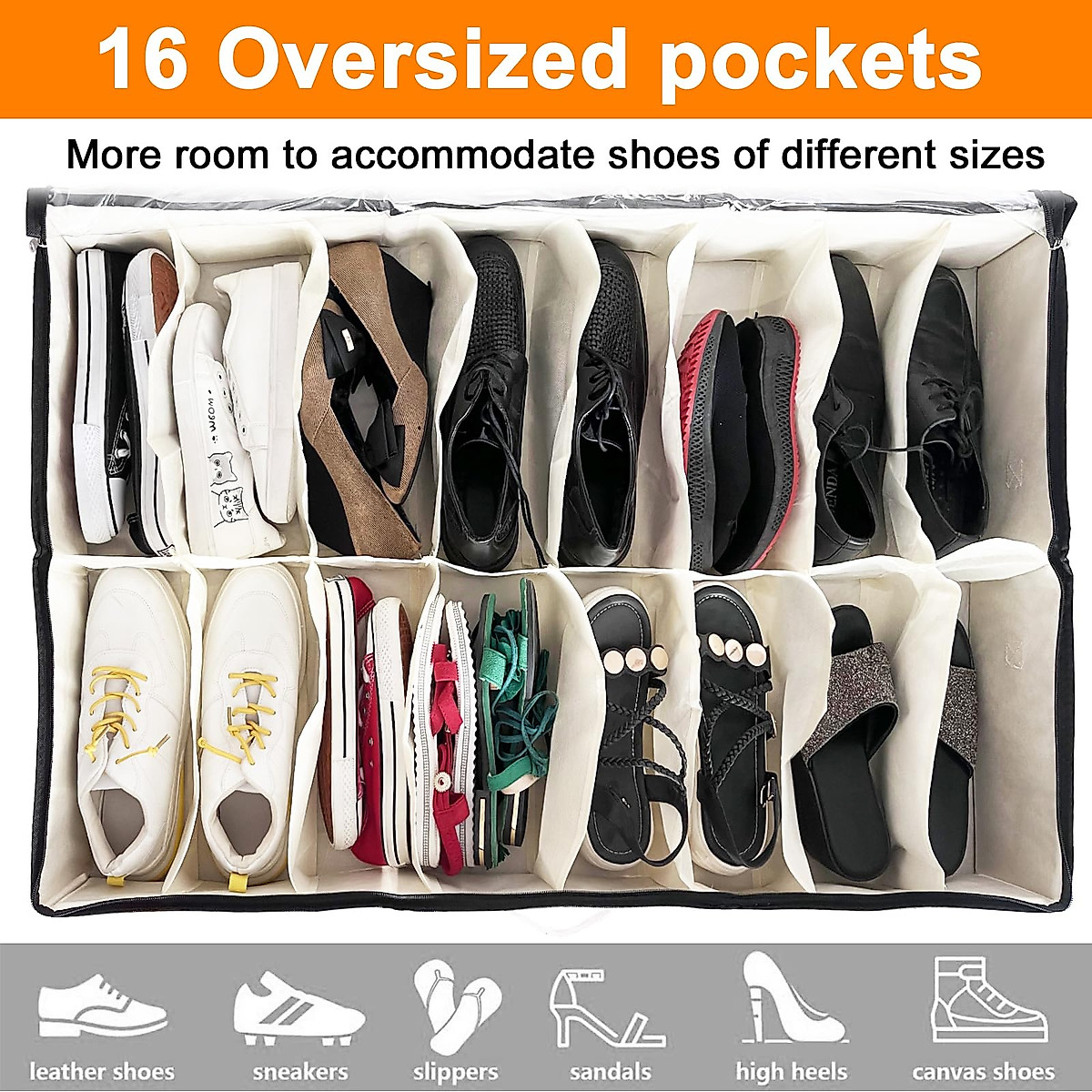Shoe Storage Organizer Under Bed, 2 Pack Fits 32 Pairs, Extra Large Shoe Container, Breathable Fabric Underbed Storage for Sneakers, Slippers, Closet, Grey