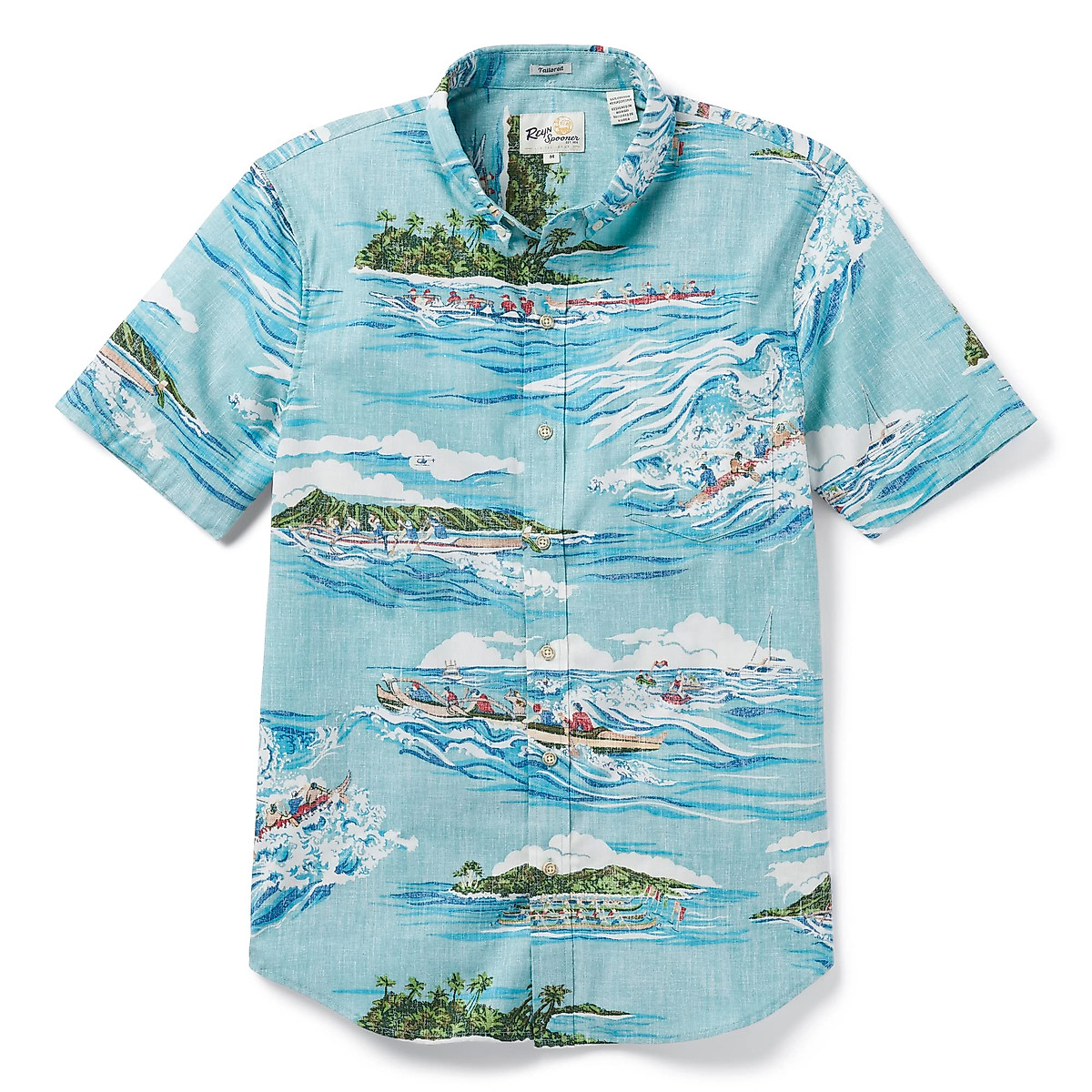 Reyn Spooner Men's Heihei Wa'a Tailored Button Front Oceanic Hawaiian Aloha Shirt, Turq Sea, XL