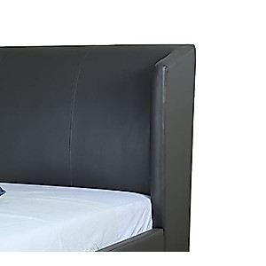 Manhattan Comfort Lenyx Mid Century Modern Faux Leather Upholstered Bed Frame, Queen, Graphite