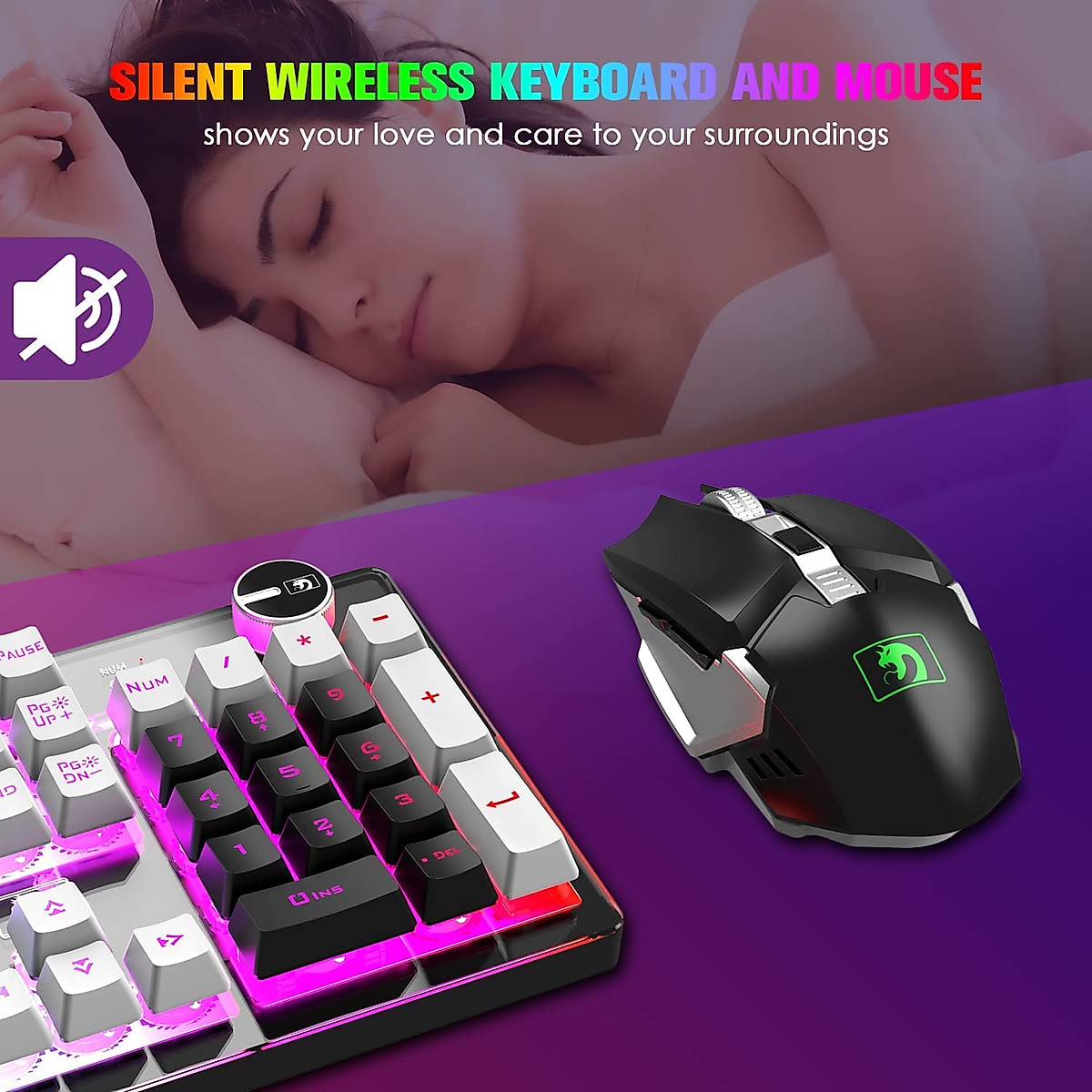 FELICON Rechargeable Wireless Gaming Keyboard and Mouse Combo & Lager Mouse Pad kit Ice Blue Backlit Mechanical Feel 104 Keys Full Keybaord, Queit, Waterproof for Computer PC Mac