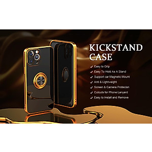 IDweel for iPhone 13 Pro Max Case with 360°Ring Holder Stand Magnetic Kickstand,Lightweight Slim Fit Plated Rose Gold Edge Soft TPU Bumper Camera Protection Non-Slip Cover,Black