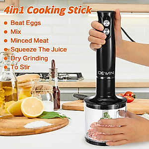 DEWIN Immersion Blender, 500 Watt 4-in-1 Hand Blender with Chopper, Whisk, Mixing Beaker, Electric Stick Blender with Two Speed Adjustable, Ergonomic handle