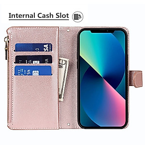 iCoverCase for iPhone 13 Wallet Case with Card Holder and Adjustable Crossbody Lanyard, PU Leather Kickstand Card Slots [Not Detachable] Flip Cover Case 6.1 Inch (Rose Gold)