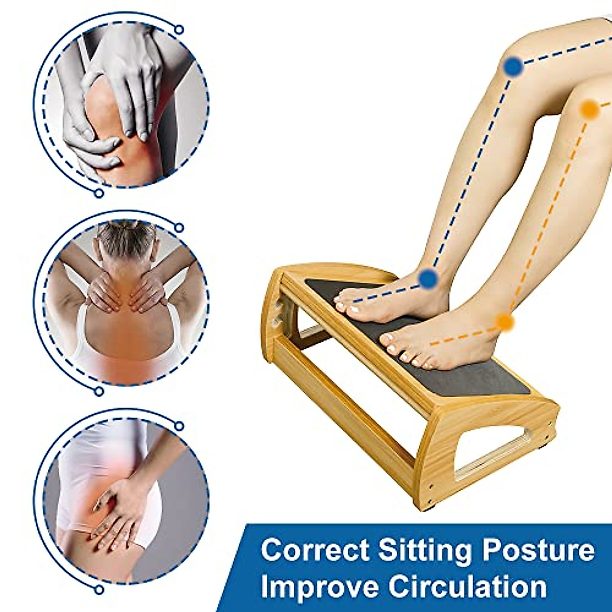 StrongTek Ergonomic Under Desk Foot Rest, 3 Adjustable Heights Wooden Office Footrest, Large Anti-Slip Surface, Improves Posture and Blood Circulation, up to 400lbs (Natural)