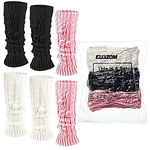 Eurzom 3 Pairs Kawaii Winter Knitted Leg Warmers Knee High Loose Socks Japanese Style Leg Warmers For Girls Women (White, Pink, Black, Wool Balls)