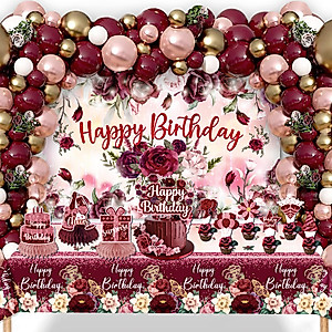 Cocomigo 134pcs Burgundy Birthday Decorations, Women Birthday Decorations Floral Birthday Balloons Arch Backdrop Tablecloth Honeycomb Centerpiece Cake Topper Burgundy Flower Birthday Decoration