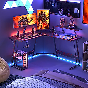 FEZIBO L Shaped Gaming Desk with LED Lighting, Computer Corner Desk PC Writing Table Gamer Workstation for Home Office, Black