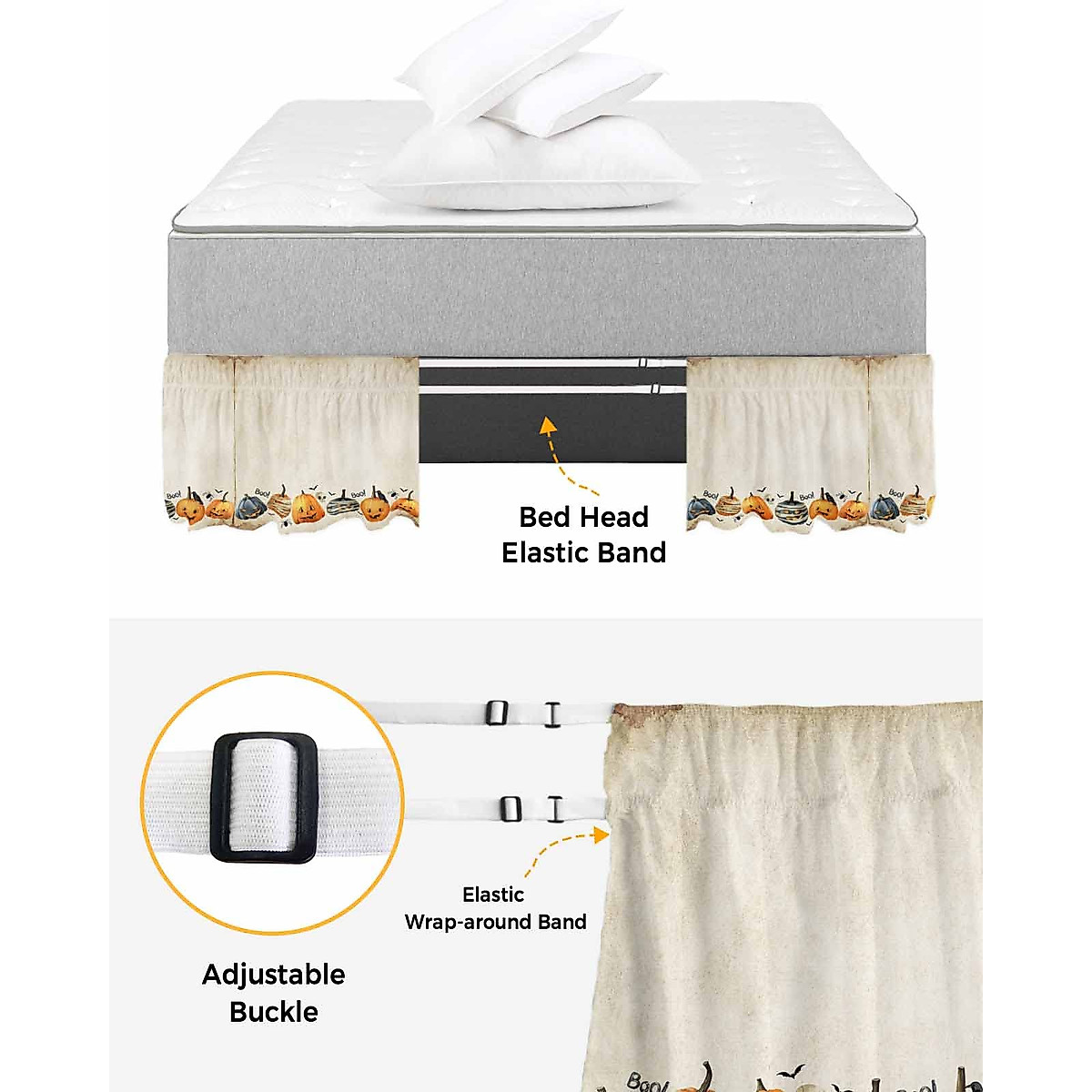 Halloween Bed Skirt Cal King Size 18 Inch Drop,Adjustable & Elastic Wrap Around Bed Skirts Pleated Luxury Ruffles for Twin Full Queen Cal King Bed,Pumpkins Skull-Boo Black Fall Bat Cat Crow SPI-der