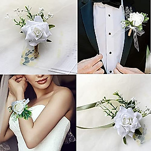 2PCS Rose Flower Wrist Corsage Boutonniere Set, Handmade Artificial Corsage Set, Bride Hand Flower Wristlet Band Bracelet and Men Boutonniere for Wedding Party Prom Decorations (White)