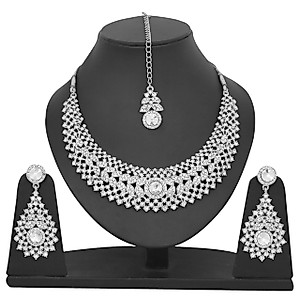 Touchstone Indian jewelry set for women rhinestone bridal necklace statement wedding brides earring formal big designer collar style trendy desi rhinestones maang tikka fashion in silver tone.