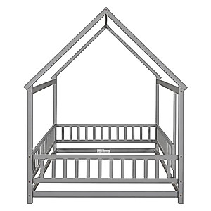DEYOBED Full House Roof Floor Bed Frame - Wooden Bed with Fence Guardrails, Low Wooden Playhouse Bed for Girls and Boys, Gray Finish