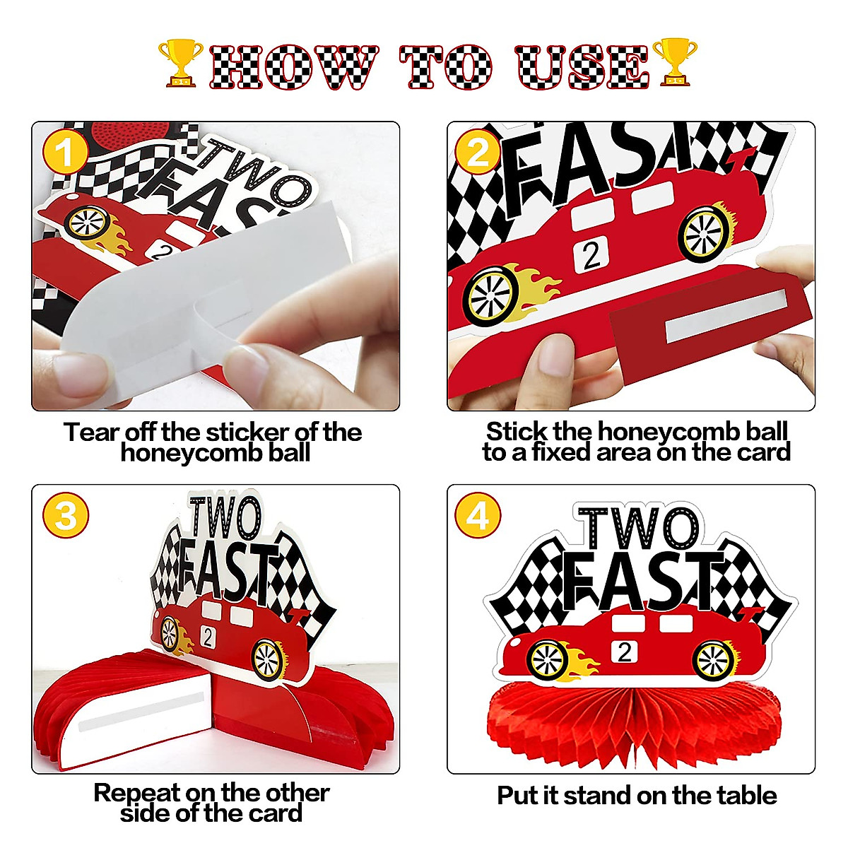 LINGTEER Race Car Two Fast Birthday Table Honeycomb Centerpieces - 9Pcs Let's Go Racing Happy 2nd Birthday Party Table Decorations Sign.