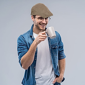 Qossi 2 Pack Newsboy Hats for Men Flat Cap Cotton Adjustable Breathable Irish Cabbie Ivy Driving Hunting Hat, Grey/Khaki