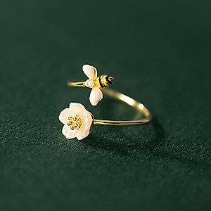 Cute Honey Bee CZ Daisy Flower Adjustable Statement Open Wrap Band Finger Rings Women Dainty Fashion 925 Sterling Silver 14K Gold Plated Animal Engagement Shell Pearl Tail Ring Delicate Jewelry Gifts Her Daughter Bff Birthday