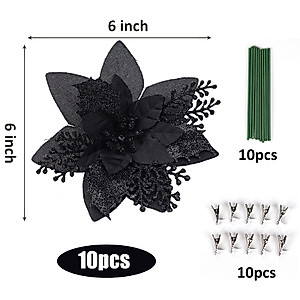 RECUTMS Christmas Tree Ornaments 10Pcs Glitter Poinsettia,Artificial Poinsettia Flowers Xmas Tree Ornaments 6" Wide for Xmas Tree Wreaths Garland Holiday Seasonal Wedding Decorations(Black)