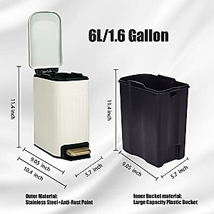 Small Bathroom Trash Can with Lid Soft Close-6L/1.6 Gal Slim Step Garbage Can-Metal Pedal Wastebasket-Narrow Rectangle Garbage Container Bin for Corner Office, Bedroom, Toilet, Live Room, Beige