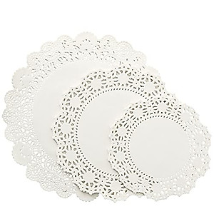 150-Pack Round Paper Placemats for Tableware Decoration, Party, Wedding, White Lace Paper Doilies, Bulk Disposable Charger Plates for Cakes, and Desserts (6.5, 8.5, and 10.5 Inch)
