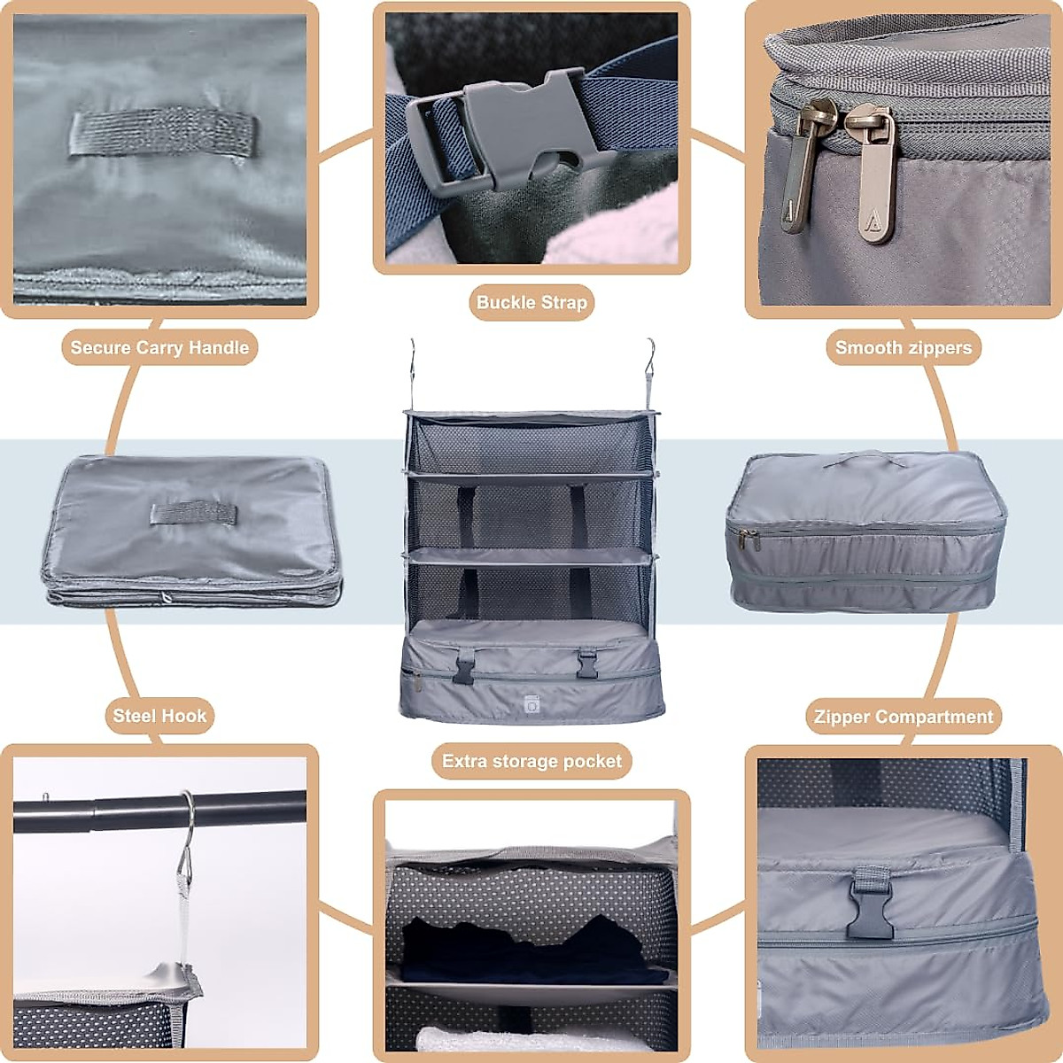 S3 THE BRAND Hanging Luggage Organizers for Suitcase - Collapsible Packing Cubes with Shelves Made for Easy Traveling, Great Organization System, Carry-on Luggage Closet - Large