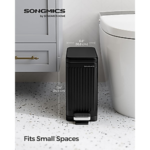 SONGMICS Bathroom Trash Can, 2.6-Gallon (10 L) Trash Bin with Lid, Slim for Small Spaces, Stainless Steel Garbage Can, Soft Close, Black ULTB562B01