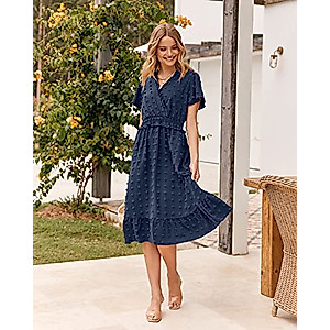 BTFBM Women's Summer Elegant Short Sleeve V Neck Swiss Dot Midi Dresses Cute Boho High Waist Long Dresses A-Line Ruffle Dress（Solid Navy,Large