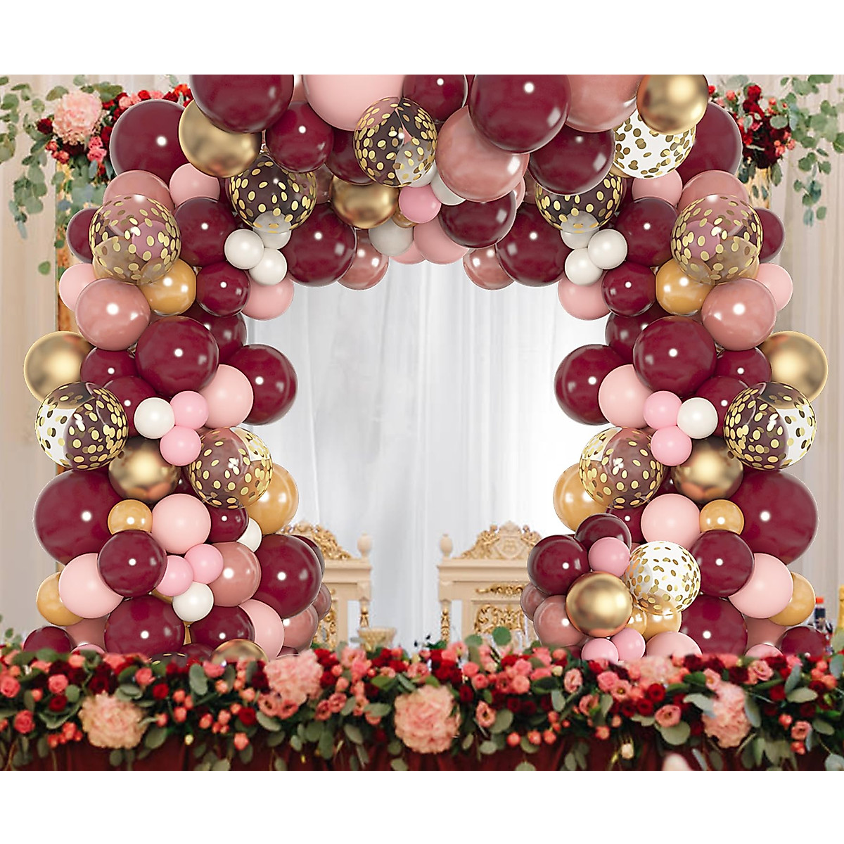 Ouddy Party Burgundy Pink Balloons Garland Arch Kit Rose Gold Champagne Gold Confetti Metallic Balloons for Women Birthday Mothers Day Bridal Shower Bachelorette Wedding Party Decorations with 4 Tools